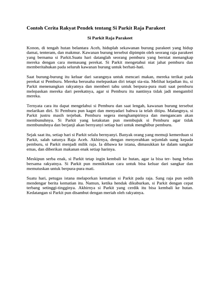 Contoh Cerita Rakyat Pendek Tentang Si Parkit Raja Parakeet | PDF