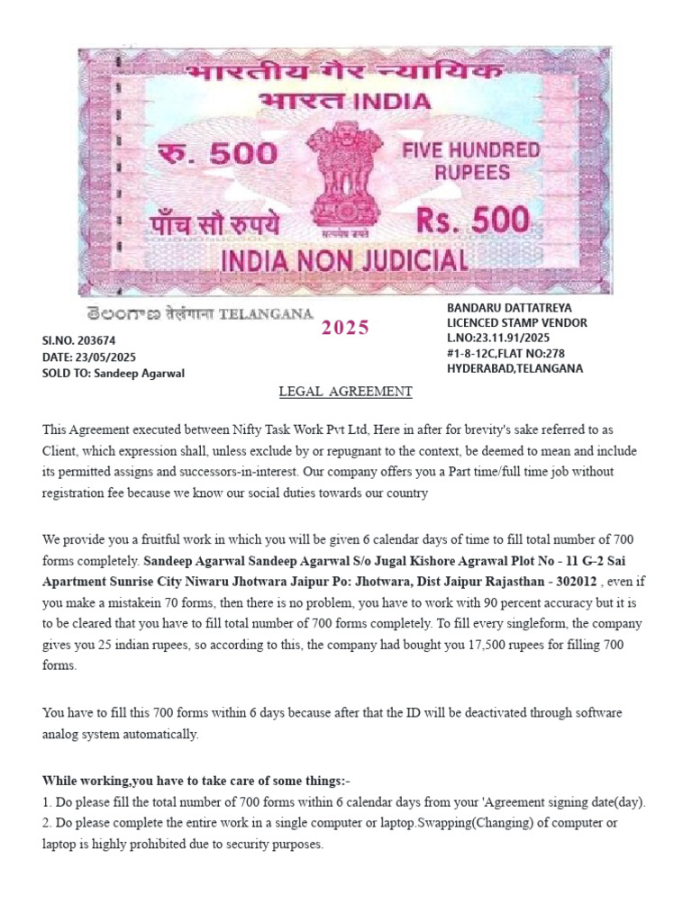 Agreement for Form Filling Job | PDF