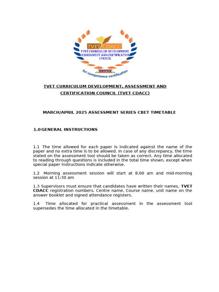 Njoro TTI July 2025 CDACC Summative Practical Timetable | PDF | Foods