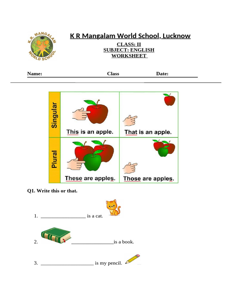English Worksheet for Class II Students | PDF