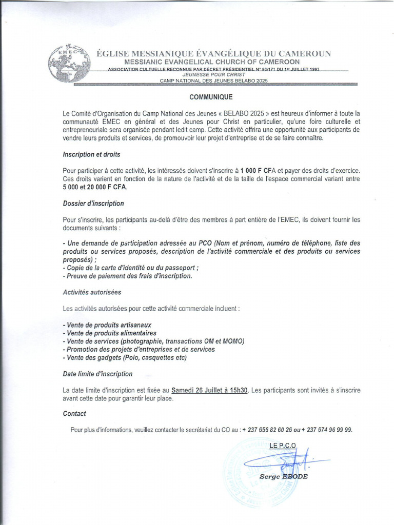 Communiqué Foire CNJ Belabo 2025 | PDF
