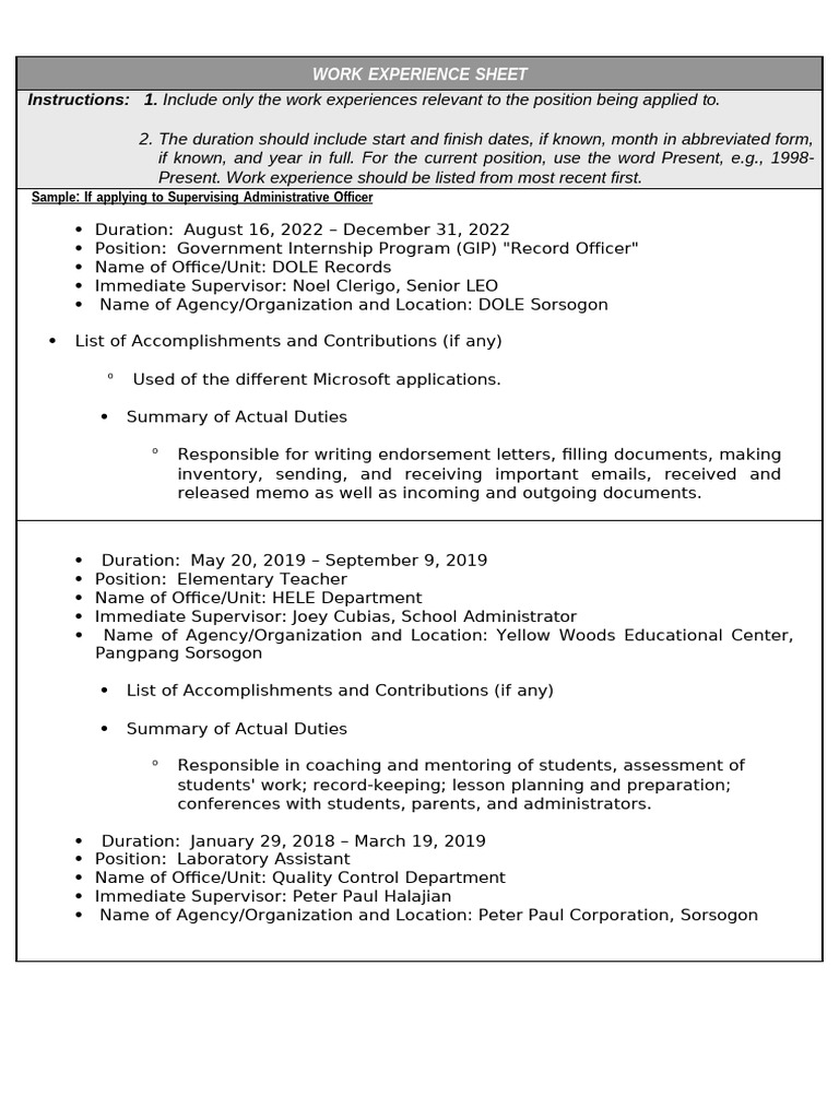 Work Experience Sheet Template | PDF