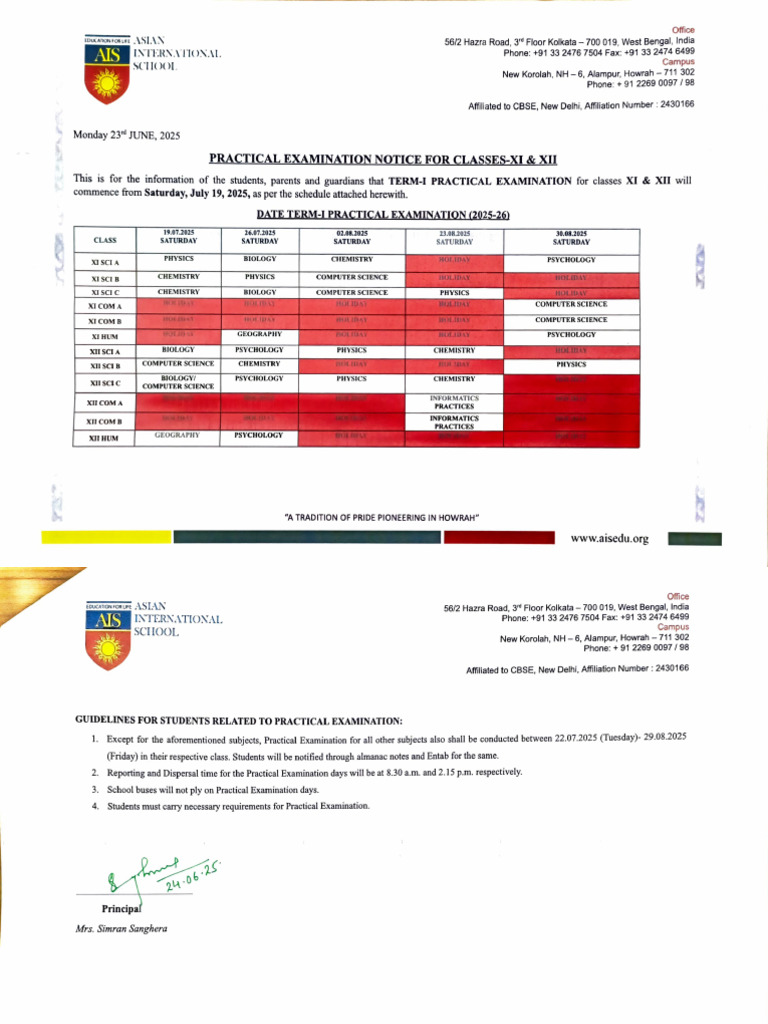 Practical Examination Notice For Classes-Xi & Xii: Monday 23rd JUNE ...