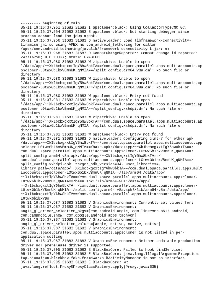 Com - Dual.space - Parallel.apps - Multiaccounts.appscloner Logcat | PDF | Android (Operating ...