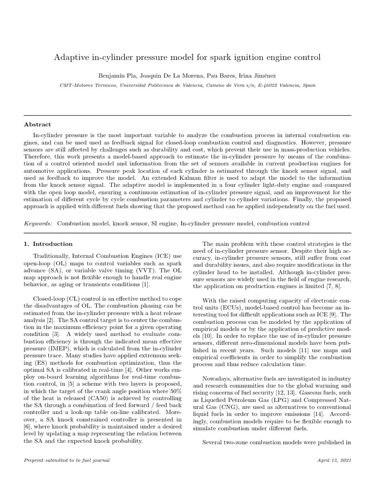 Adaptive in Cylinder Pressure Model For | PDF | Kalman Filter | Engines