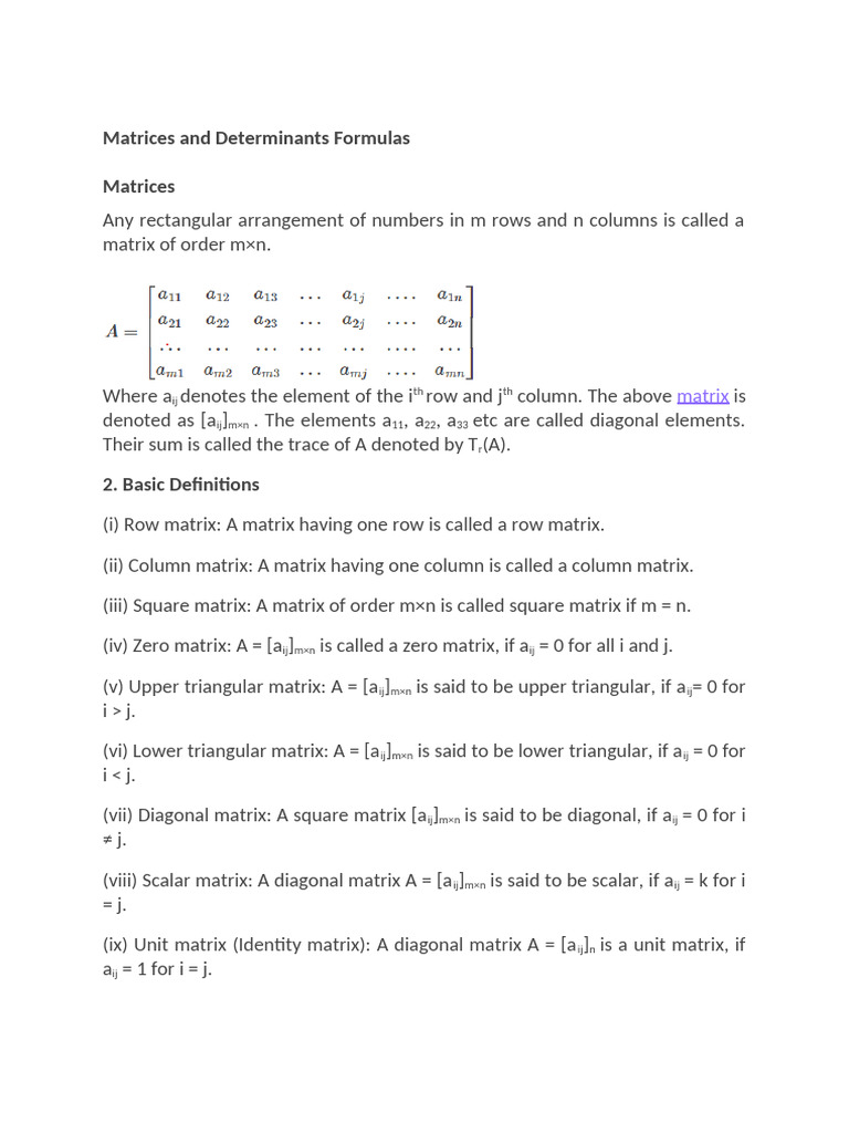 Matrices and Determinants Formulas | PDF | Matrix (Mathematics ...