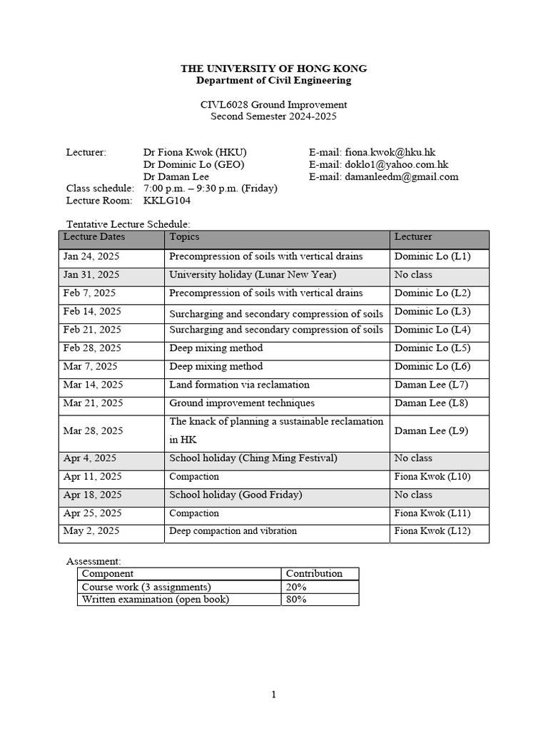 CIVL6028 (Schedule of Lectures) 2nd Sem 2024-25 | PDF