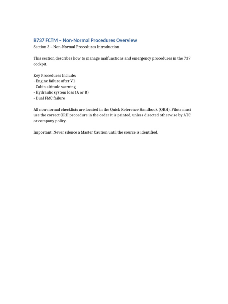 ? B737 FCTM - Non-Normal Procedures Overview | PDF