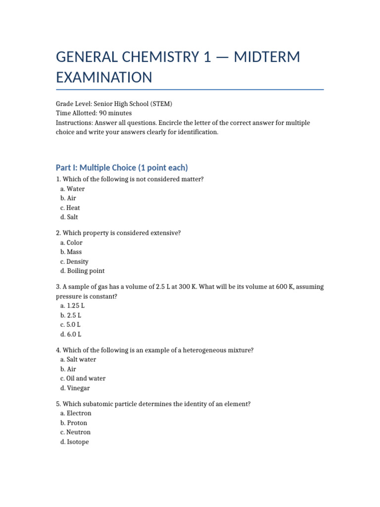Chemistry Midterm Exam 50 Items MC Identification | PDF | Mole (Unit) | Chemical Elements