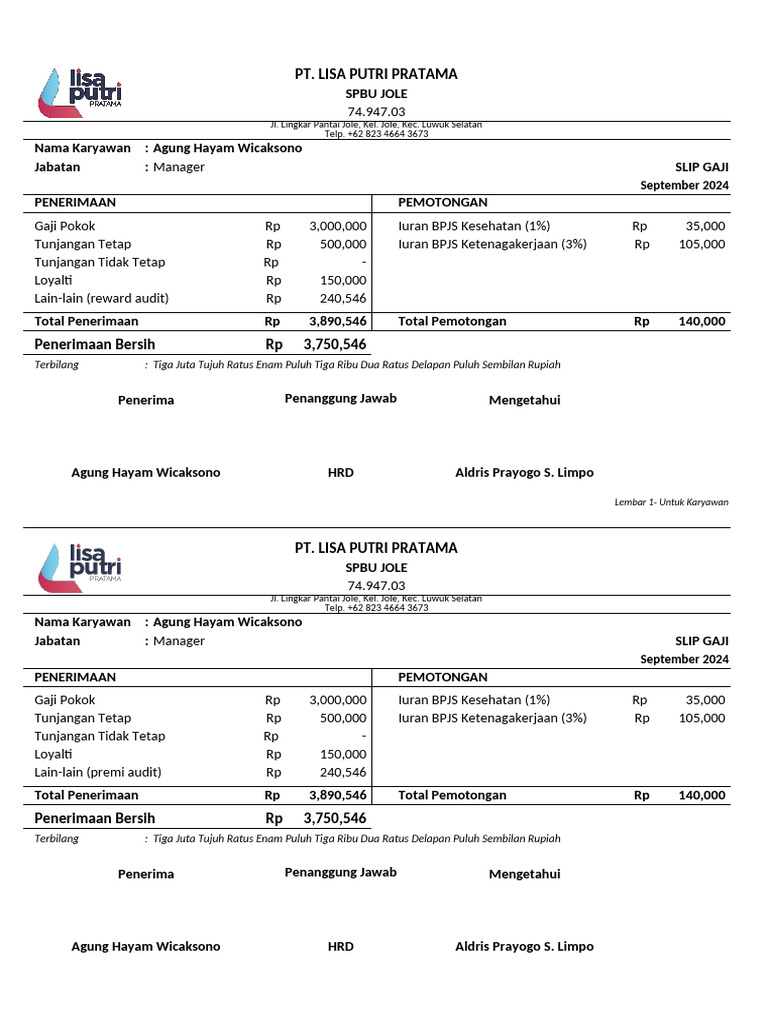 Slip Gaji Audit Spbu Jole 2024 | PDF