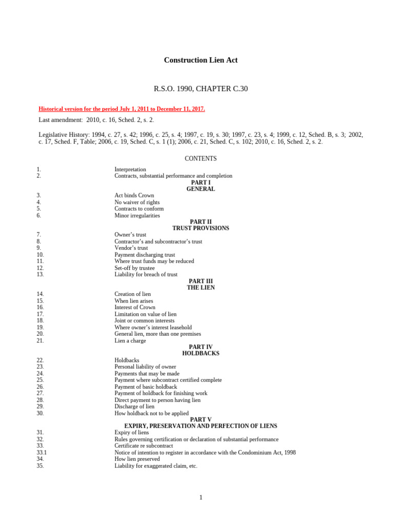 R.S.O. 1990, CHAPTER C.30: Construction Lien Act | PDF | Legal ...