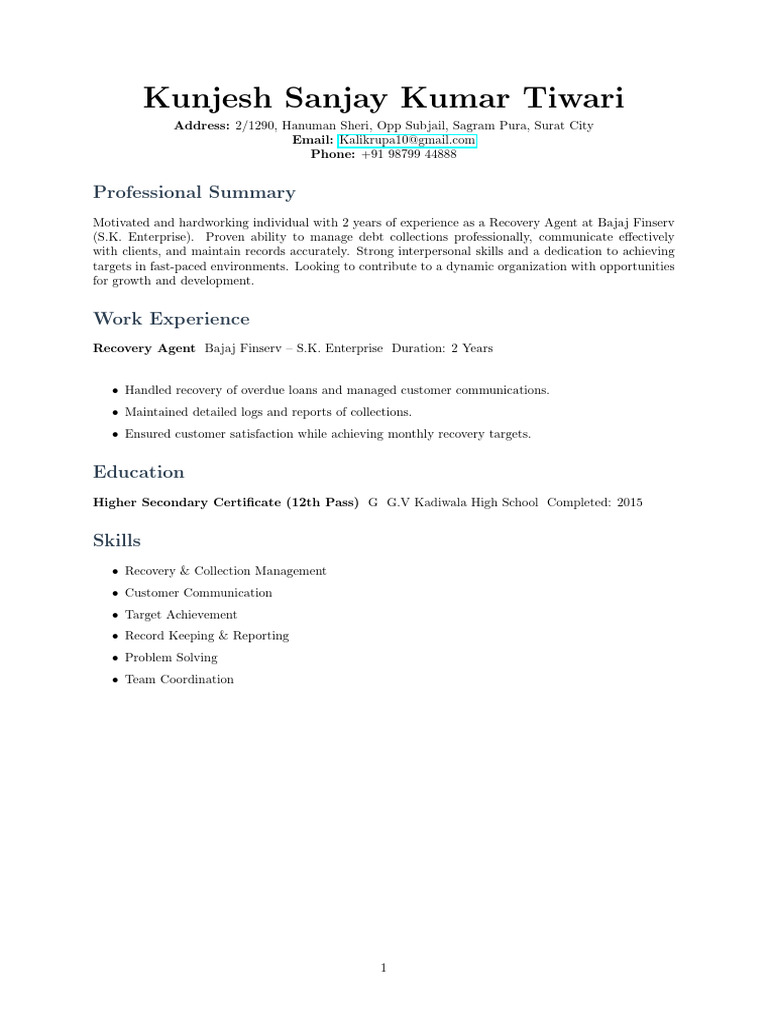 Kunjesh Sanjay Kumar Tiwari: Professional Summary | PDF