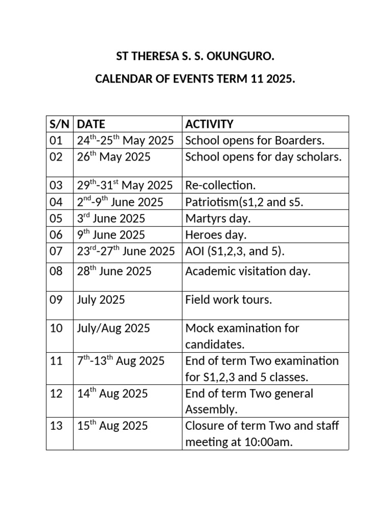 Calendar of Events 2025 Term 2. | PDF