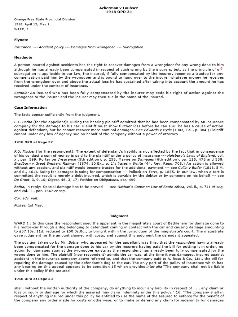 Ackerman v Loubser: Insurance Subrogation | PDF | Damages | Indemnity