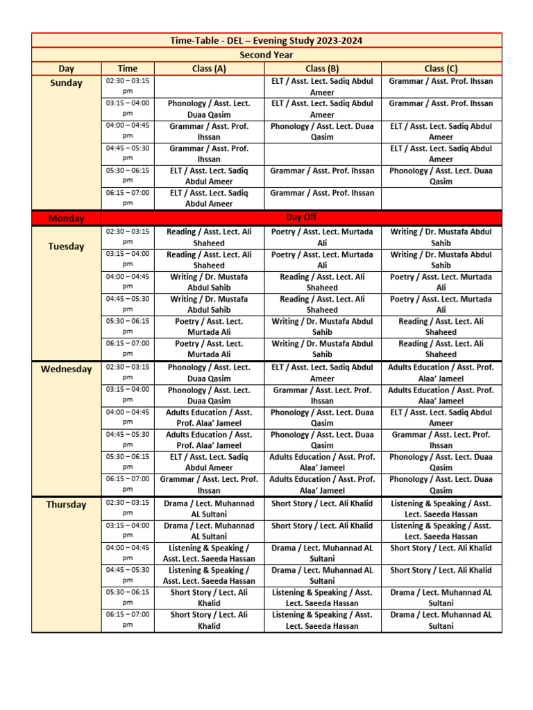 Evening Study Timetable 2023-2024 | PDF | Linguistics | Human Communication
