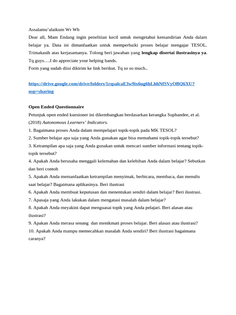 Autonomous Learner Open Ended Questionnaire | PDF