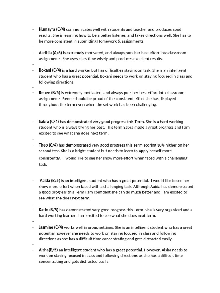 Student Progress Reports Summary | PDF | Learning | Education Theory