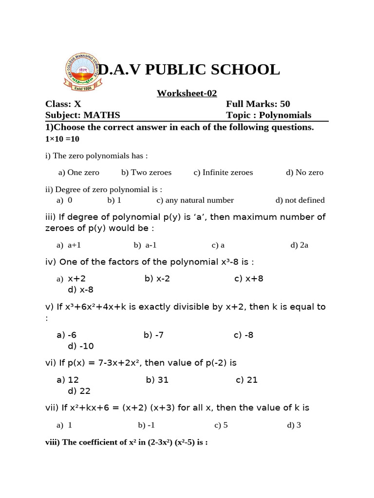 Class X Maths Polynomials Worksheet | PDF | Computational Science | Algebra
