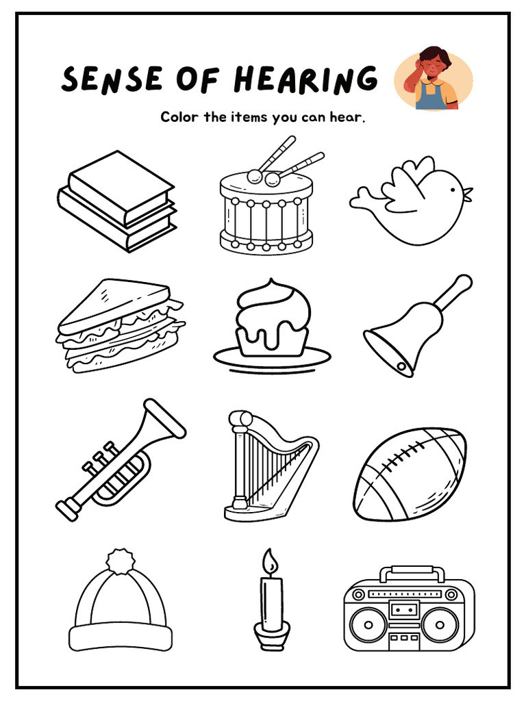 Sense of Hearing and Smell Color Worksheet in Black and White Style | PDF