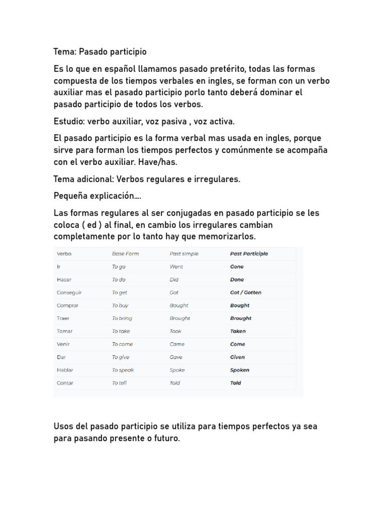 Estructura del Pasado Participio en Inglés | PDF