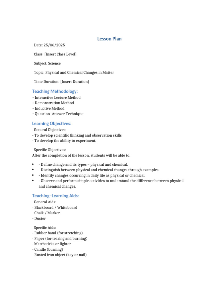 Final Physical and Chemical Changes Lesson Plan | PDF | Chemical ...