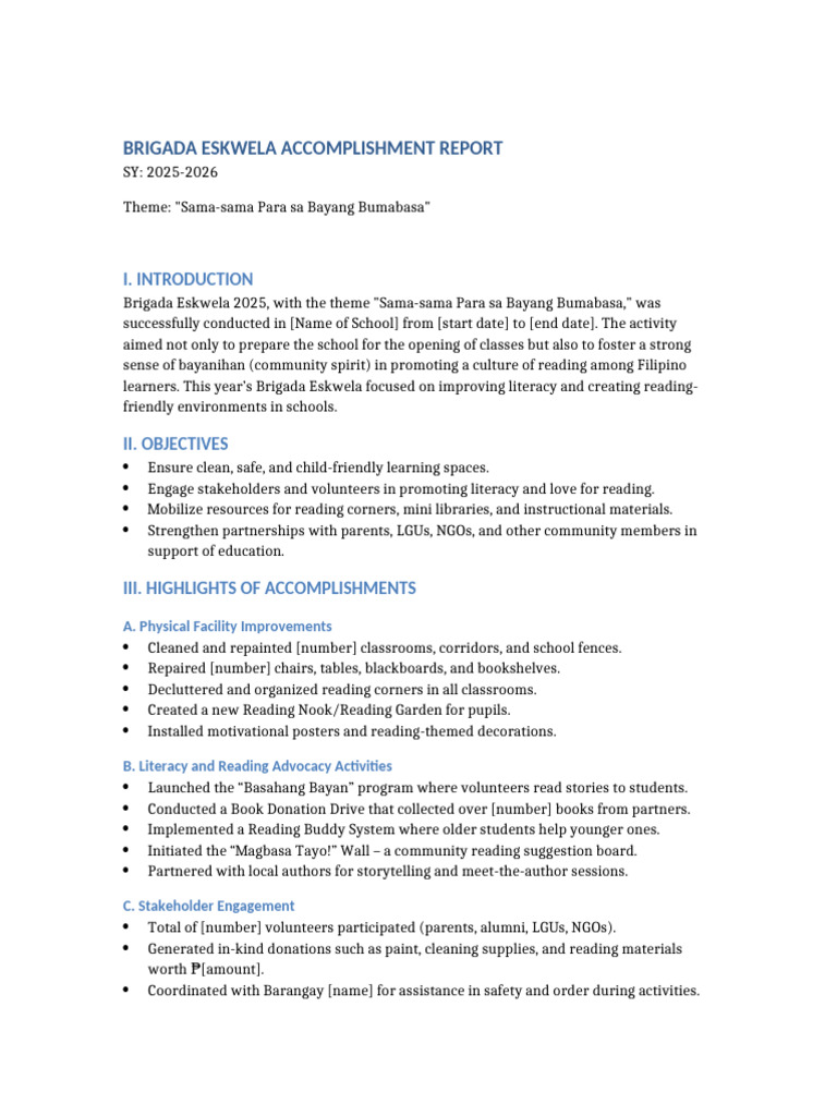 Brigada Eskwela 2025 Accomplishment Report | PDF | Literacy | Learning