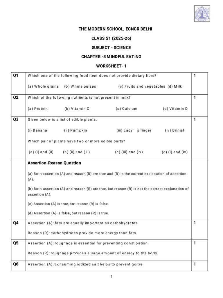 Mindful Eating Worksheet for Class 6 | PDF