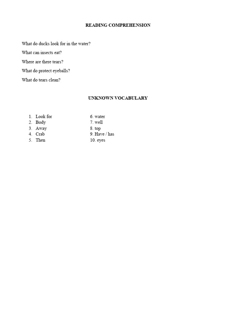 Reading Comprehension Questions & Vocabulary | PDF