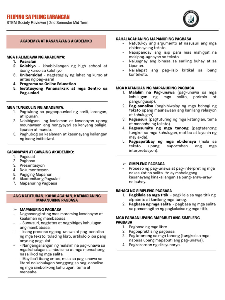 Filipino Sa Piling Larangan: STEM Society Reviewer 2nd Semester Mid ...