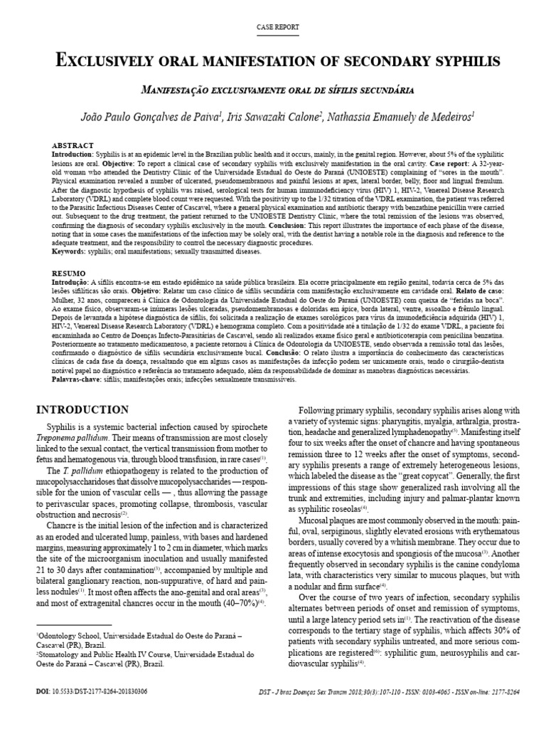 Exclusively Oral Manifestation of Secondary Syphilis | PDF | Infection | Immunology