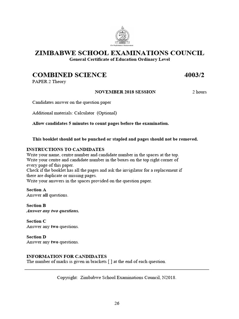 Zimsec O Level Combined Science November 2018 Past Exam Paper 2 | PDF ...