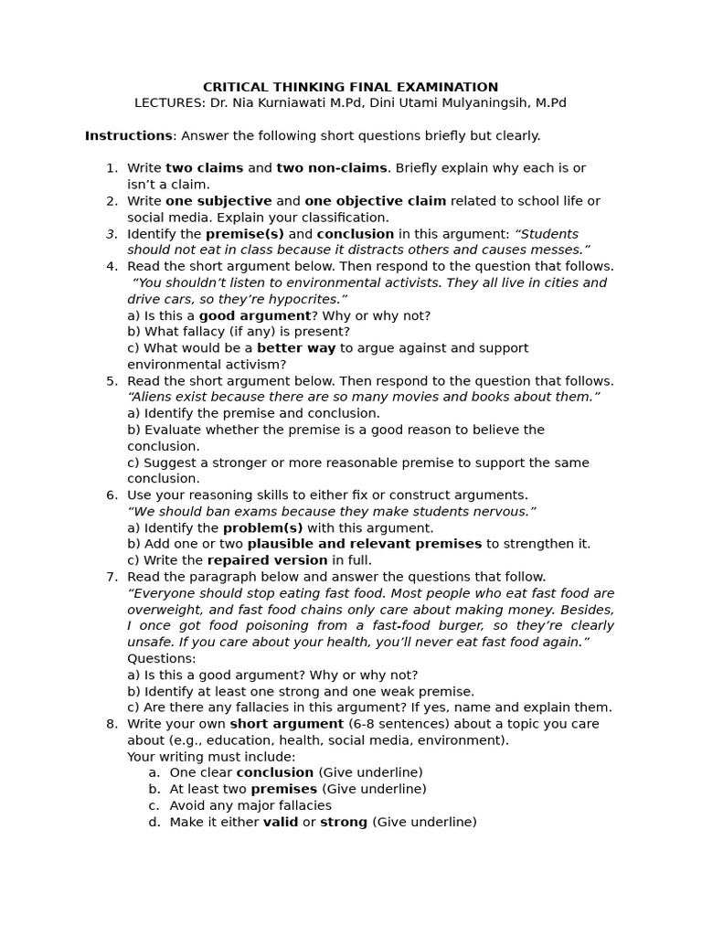 Critical Thinking Final Examination | PDF | Argument | Fallacy