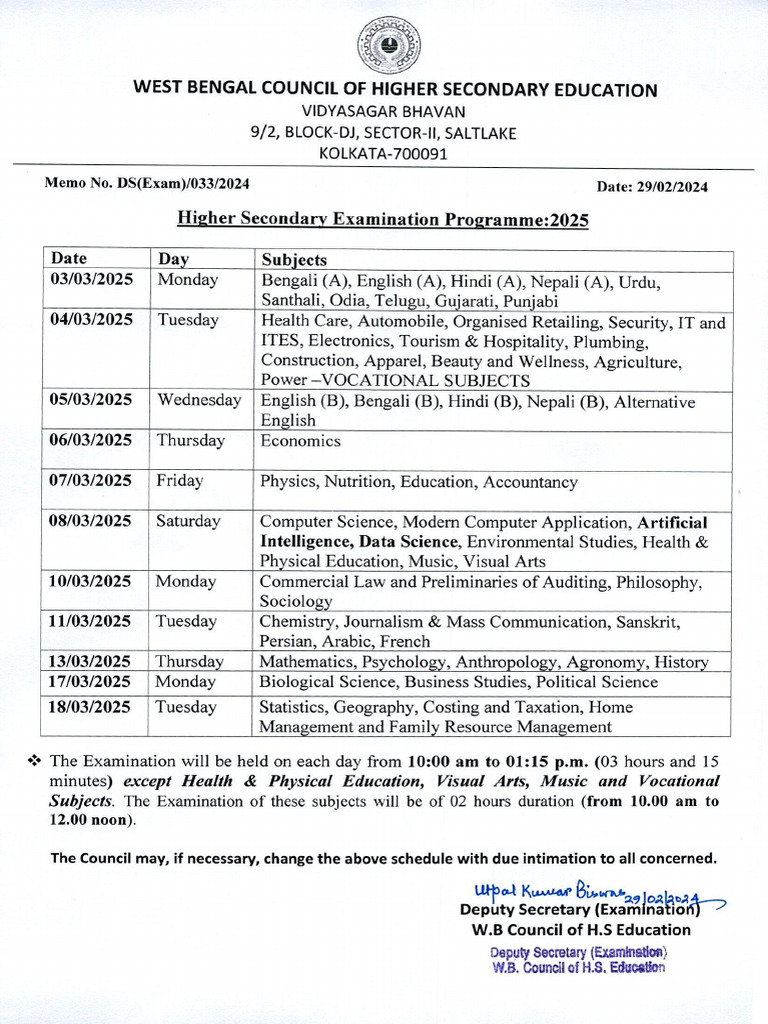 H.S. Exam Routine 2025 | PDF