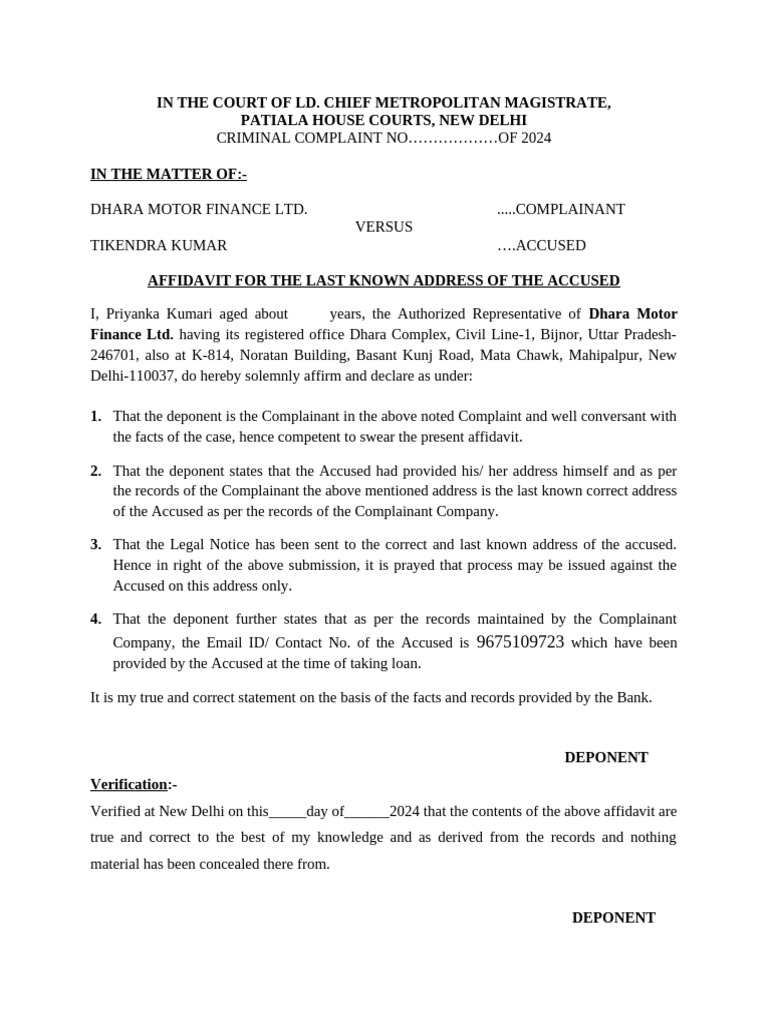 Affidavit of Last Known Address | PDF | Affidavit | Evidence