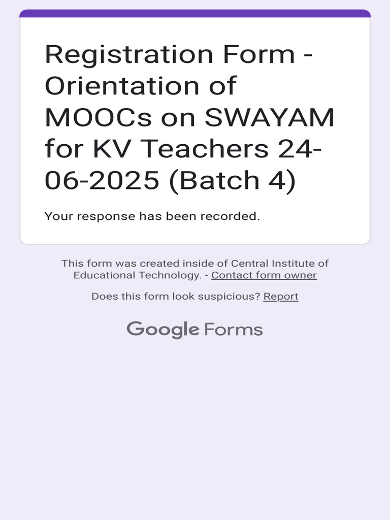 Registration Form - Orientation of MOOCs On SWAYAM For KV Teachers 24-06-2025 (Batch 4) | PDF