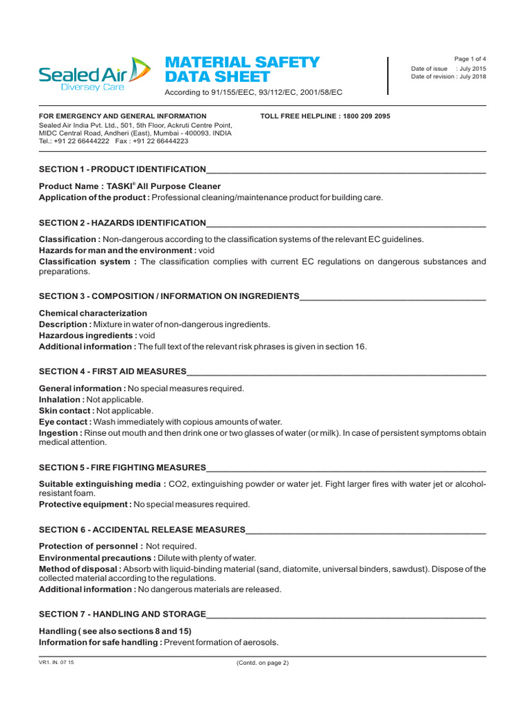 Msds - Taski All Purpose Cleaner | PDF | Occupational Safety And Health ...