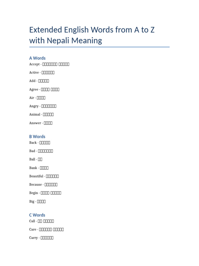 Extended English A To Z Words With Nepali Meaning | PDF