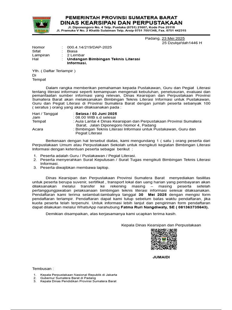 Surat Undangan Bimtek Peningkatan Literasi Informasi Tahun 2025 | PDF