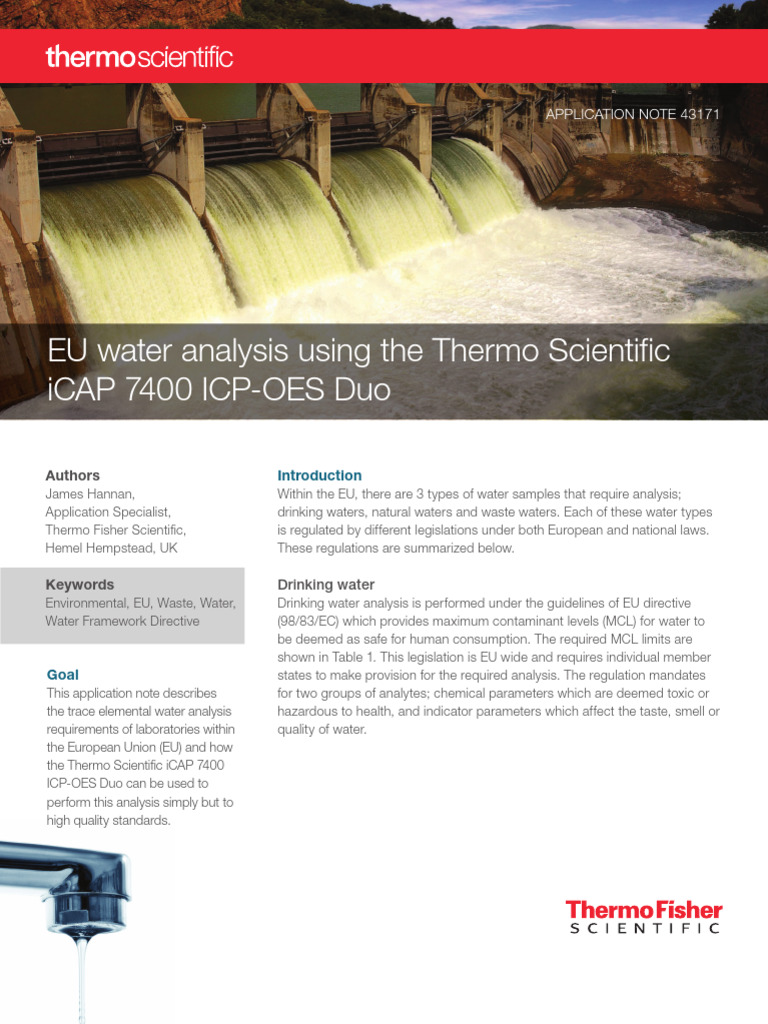 EU Water Analysis Using The Thermo Scientific ICAP 7400 ICP-OES Duo | PDF | Detection Limit ...