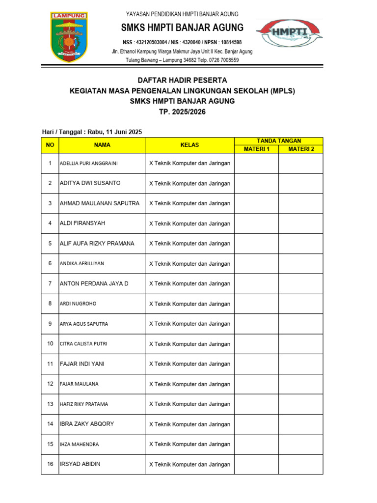 TKJ Daftar Hadir Panitia Dan Peserta Mpls | PDF
