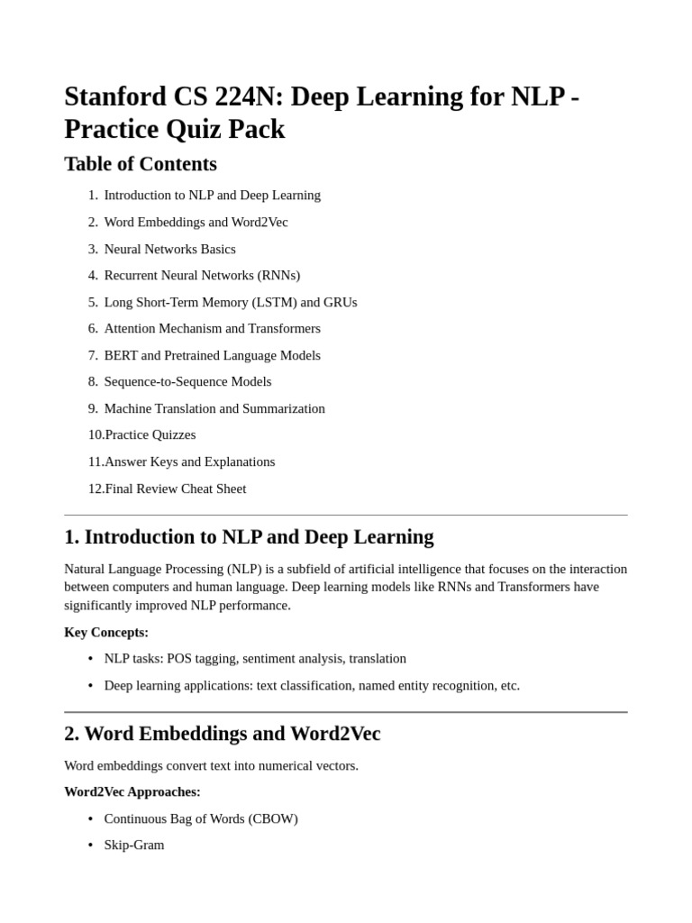 Stanford CS 224N Deep Learning For NLP Practice Quiz Pack | PDF | Deep Learning | Artificial ...