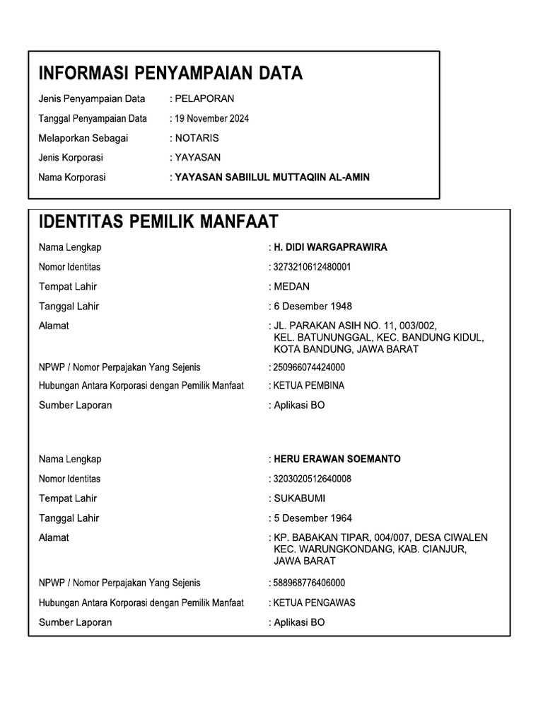 Contoh DETAIL LAPORAN PEMILIK MANFAAT SBM | PDF