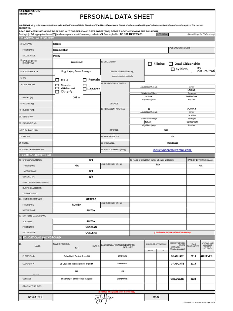 Personal Data Sheet Template | PDF | Government | Justice