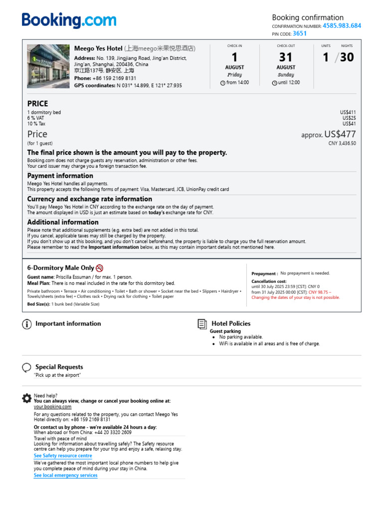Meego Yes Hotel Booking Confirmation | PDF | Payments | Credit Card
