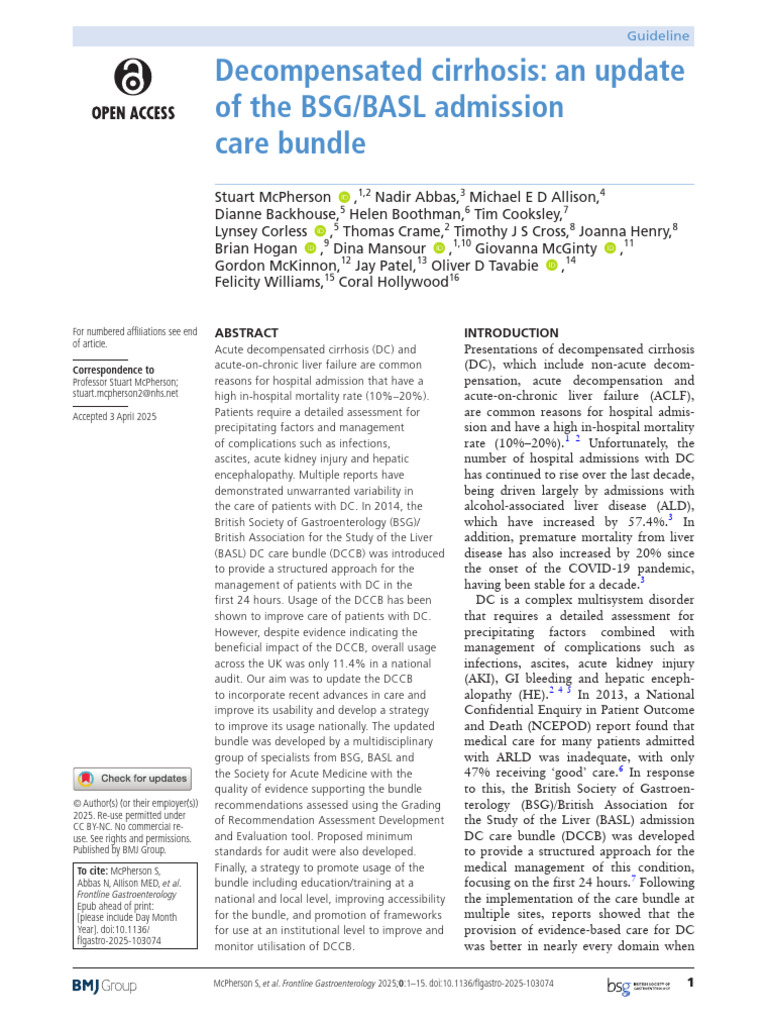 Decompensated Cirrhosis - An Update of The BSGBASL Admission Care ...