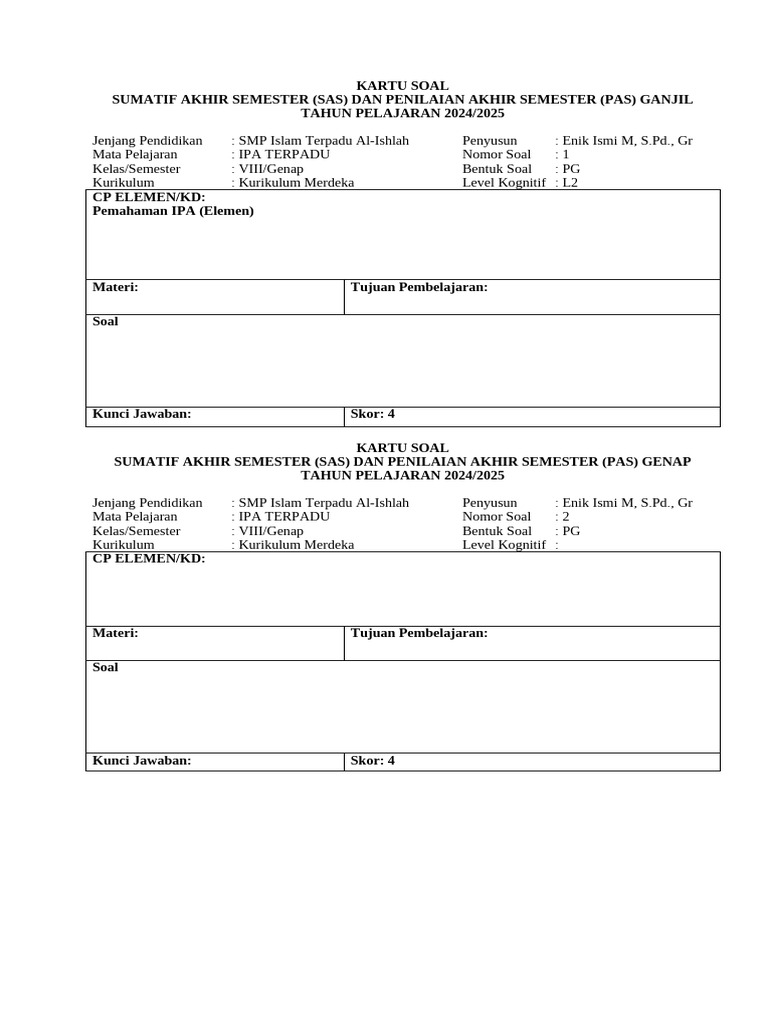 Kartu Soal Ipa Kelas 8 Genap | PDF