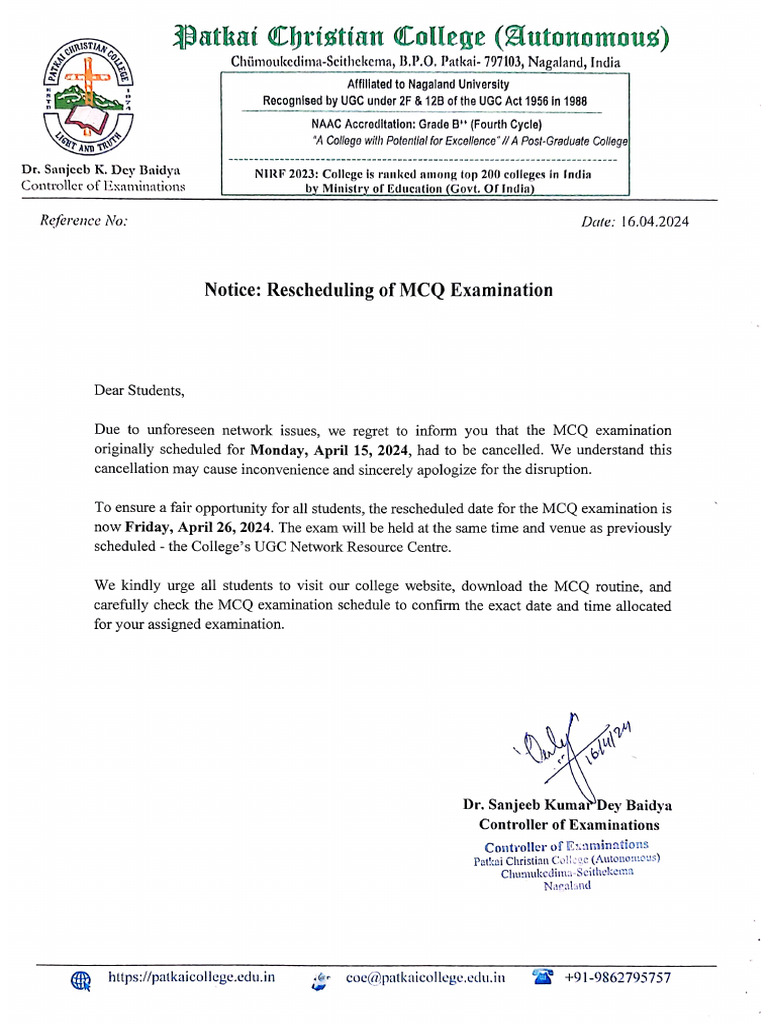 Notice For Rescheduling of MCQ Exam | PDF