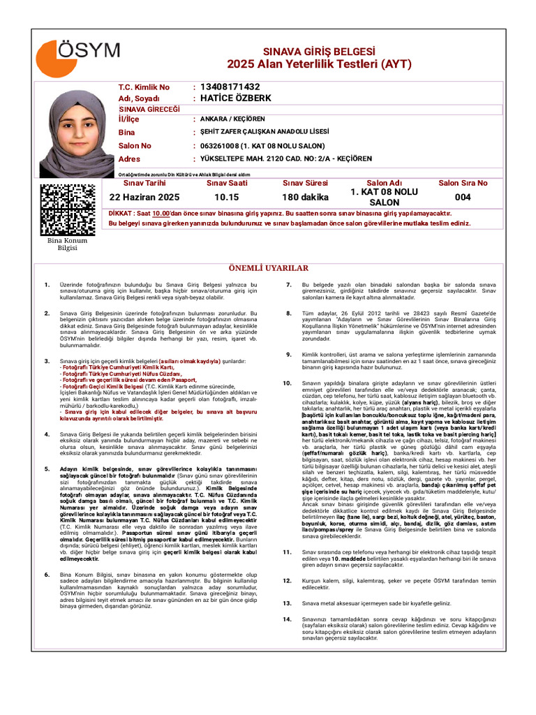 Sınava Giriş Belgesi Ayt | PDF