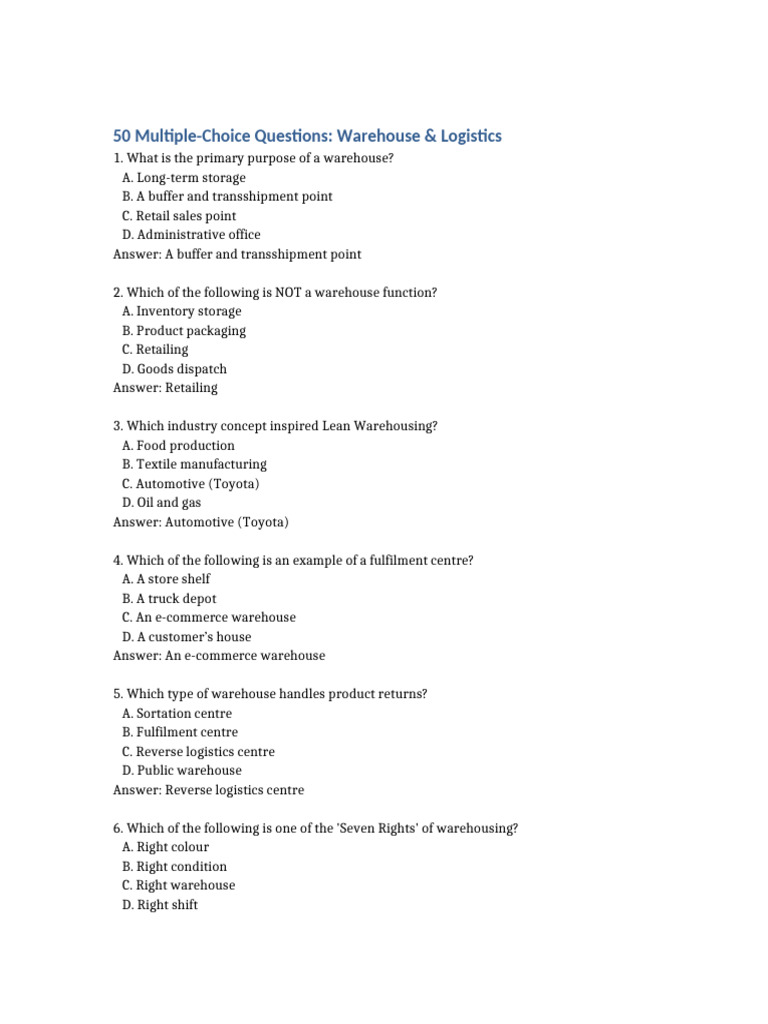 Warehouse 50 MCQ Questions | PDF | Warehouse | Logistics