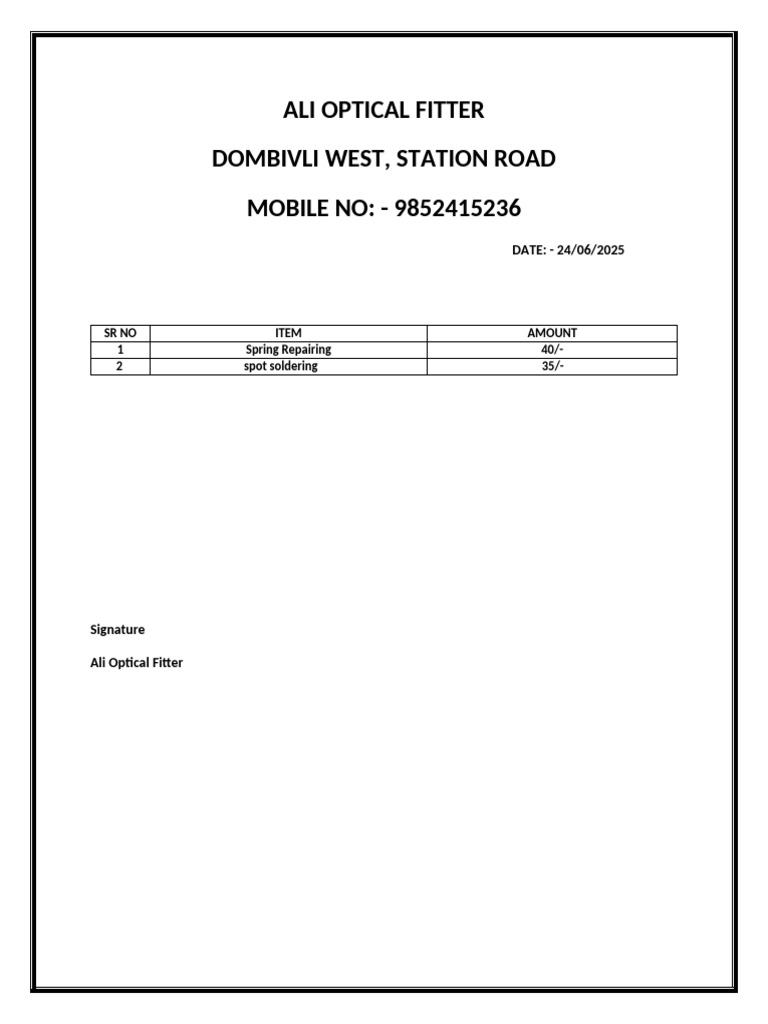Optical Fitter Bill Format | PDF